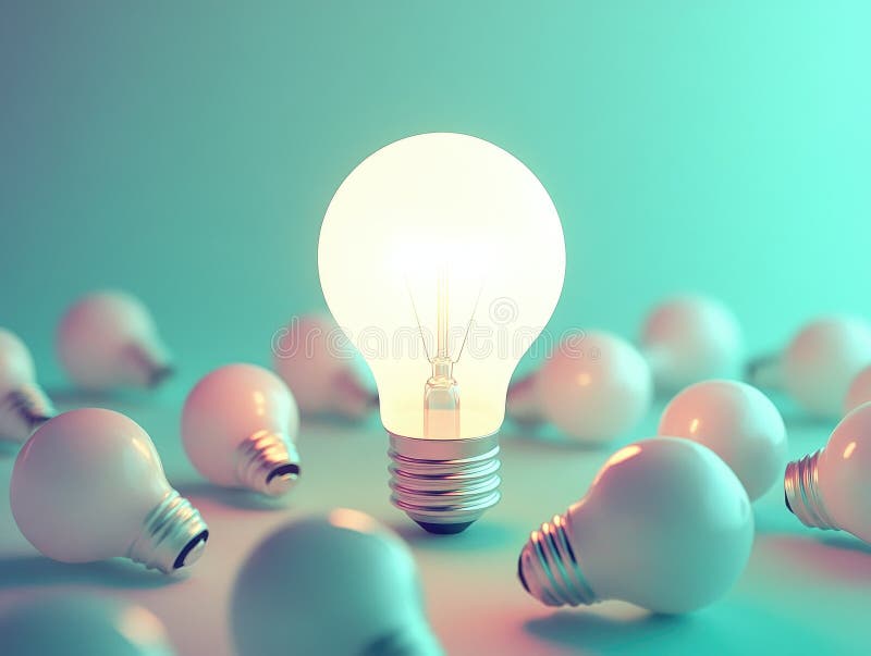 Illuminated Light Bulb among Others Creating Idea Concept Stock ...