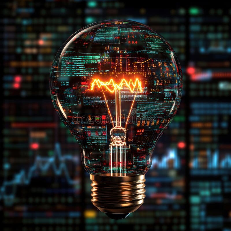 Illuminated Light Bulb Reflecting Digital Data and Charts, Symbolizing ...