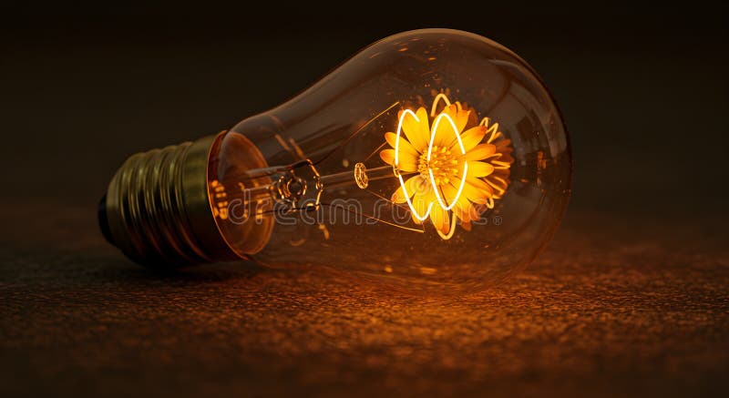 Illuminated Light Bulb Resting on Dark Brown Surface Symbolizing Ideas ...