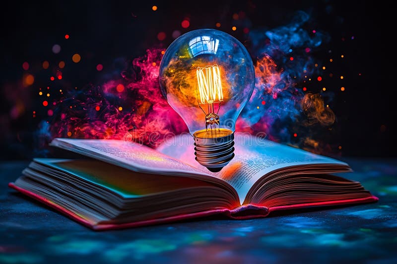 Illuminated Light Bulb Resting on Open Book Representing Ideas and ...