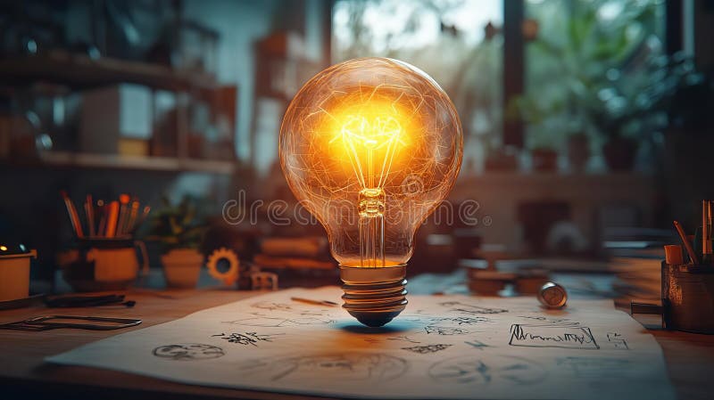 Illuminated Light Bulb Resting on Sketches in a Creative Workspace ...