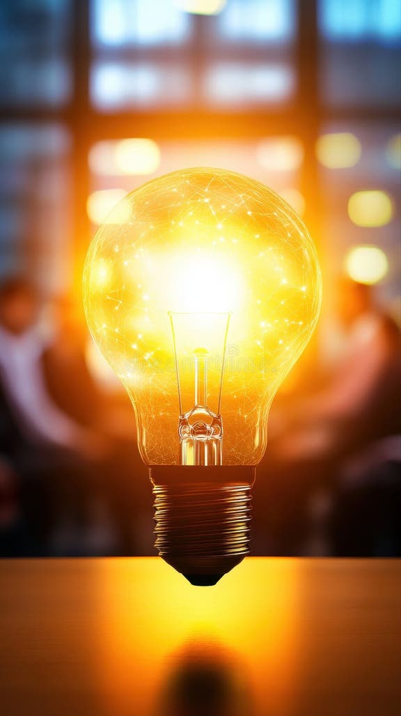 Illuminated Light Bulb Resting on Table Signifying Ideas and ...