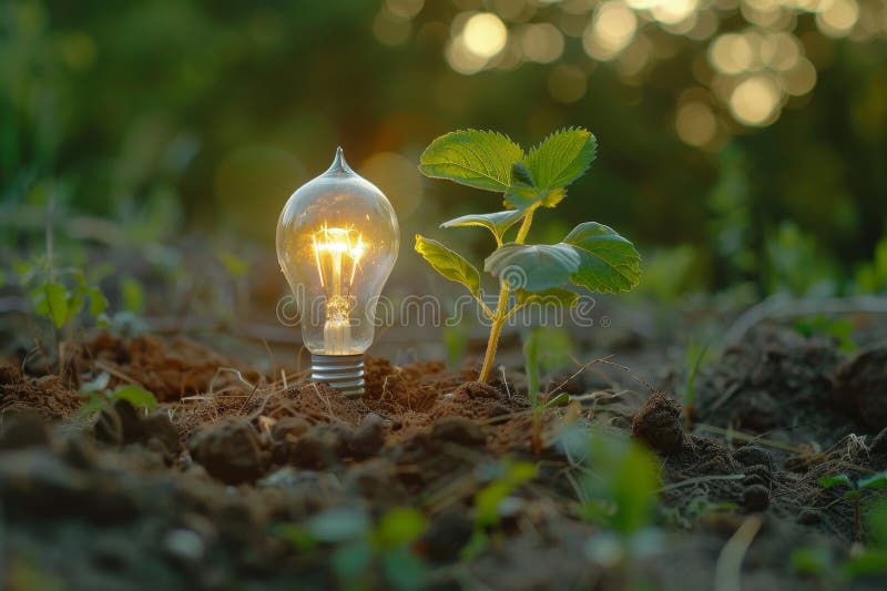 Illuminated Light Bulb in Soil Next To Young Plant at Sunset Stock ...