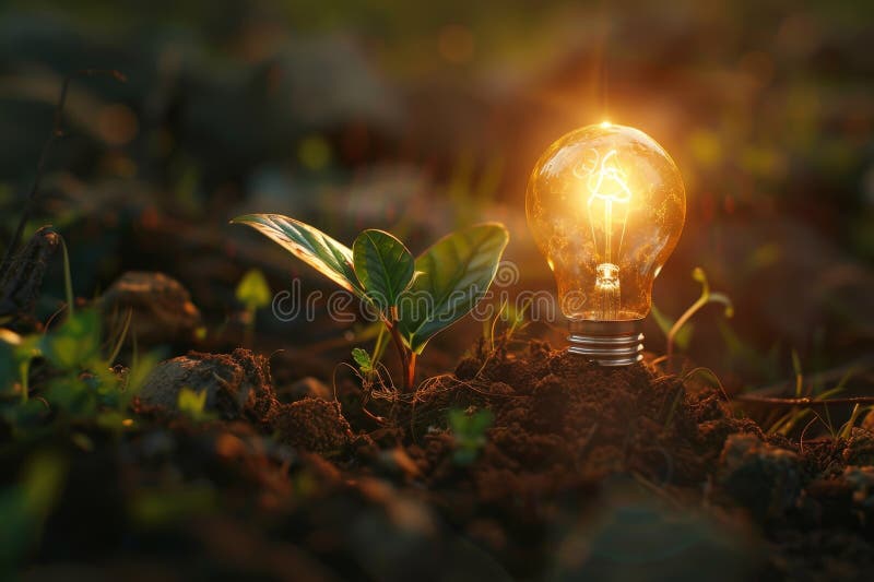 Illuminated Light Bulb in Soil with Sprouting Plant at Sunset Stock ...
