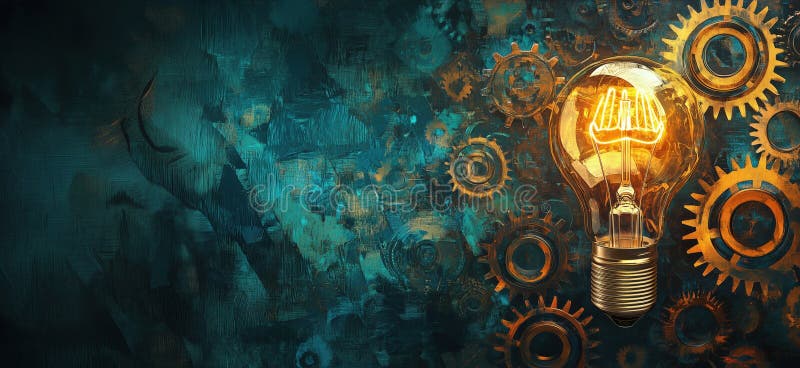 Illuminated Light Bulb Surrounded by Gears, Symbolizing Innovation and ...