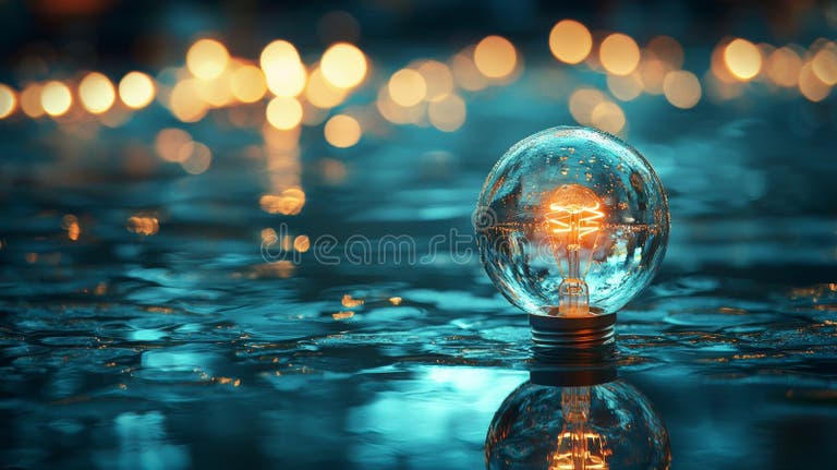 Illuminated Light Bulb in Water with Reflections Stock Image - Image of ...