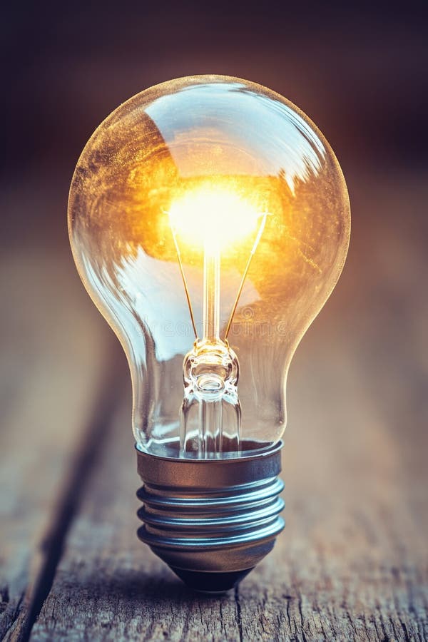 Illuminated Light Bulb on Wooden Surface with Warm Glow Stock Image ...