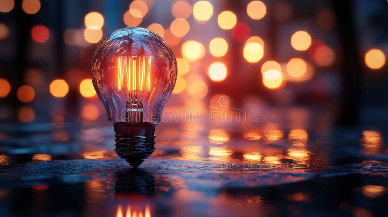 Illuminated Light Bulb on Wooden Table Creating a Thoughtful Atmosphere ...