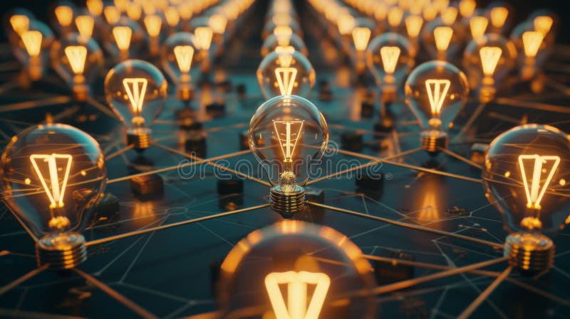 Illuminated Light Bulbs Network, Generative AI Stock Image - Image of ...