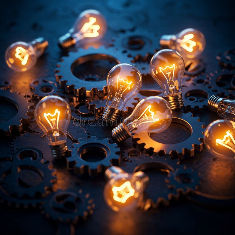 Illuminated Light Bulbs Rest on a Collection of Interlocking Metal ...