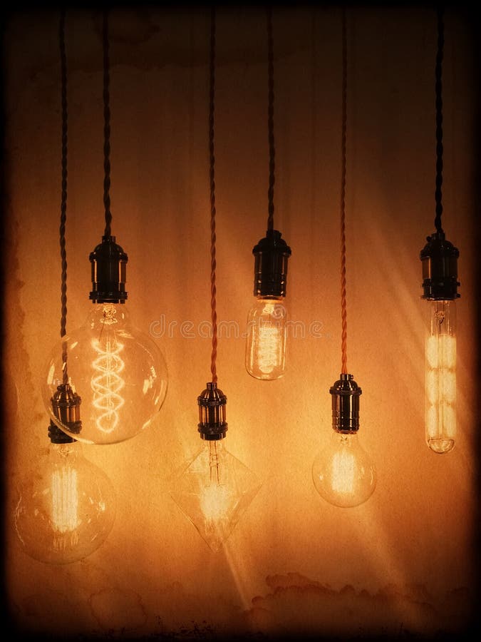 Illuminated Light Bulbs on a Vintage Background Stock Photo - Image of ...