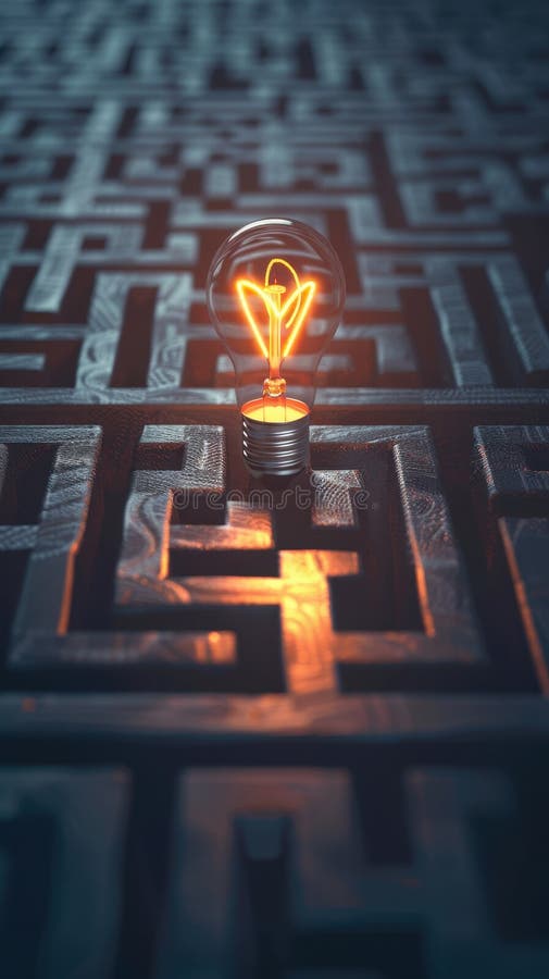 Illuminated Lightbulb in a Complex Maze Stock Illustration ...