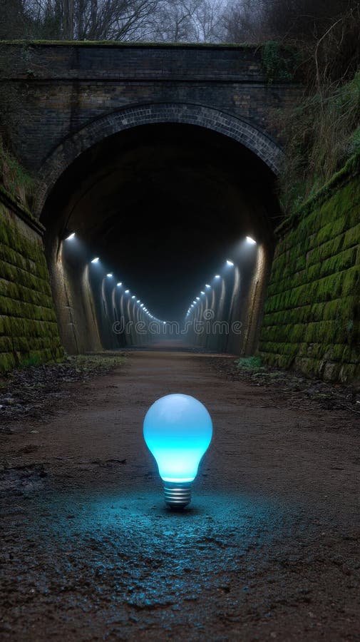 Illuminated Lightbulb Glows Brightly at the Tunnel Entrance, a Symbol of Innovation and Creative ...