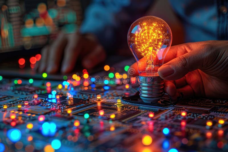 Innovative Idea: Glowing Light Bulb on Circuit Board Stock Illustration ...