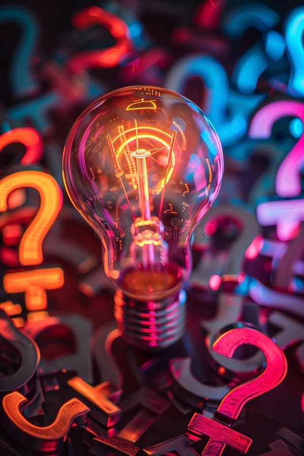 Illuminated Lightbulb among Question Marks: Represents Creativity ...