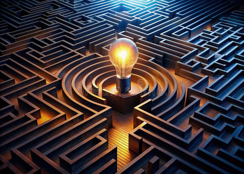 Illuminated Lightbulb Soars Above a Complex Maze a DronesEye View of ...