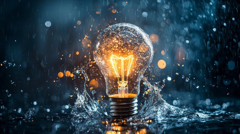 Illuminated Lightbulb Splashing in Water during Rain Stock Image ...