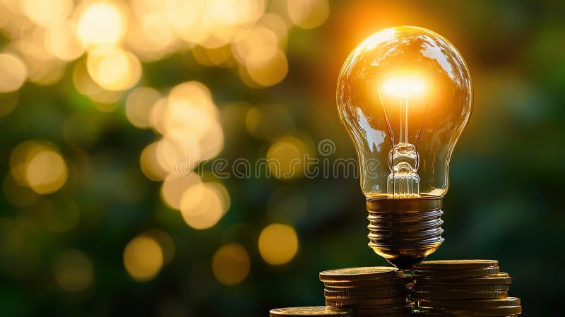 Illuminated Lightbulb on Stacked Coins Representing an Idea Concept ...