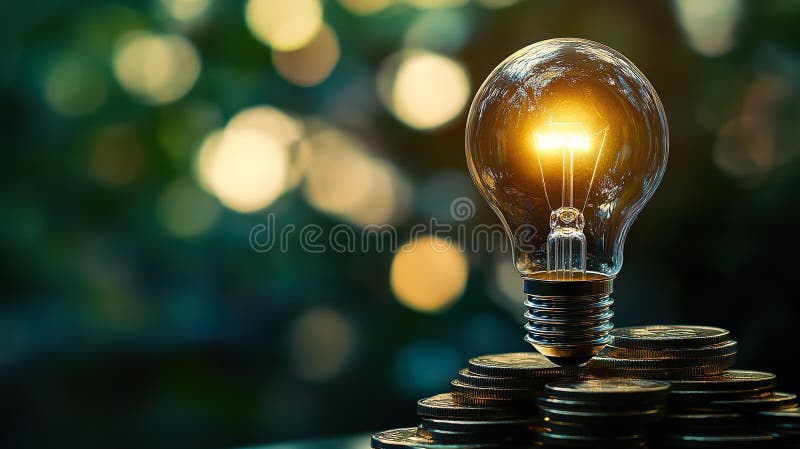 Illuminated Lightbulb on Stacked Coins Representing an Idea Concept ...