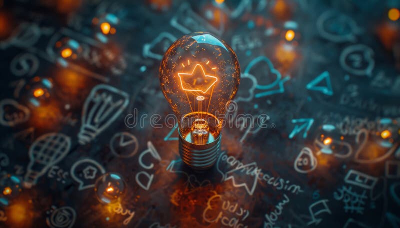 Illuminated Lightbulb Surrounded by Symbols and Diagrams a Conceptual ... Illuminated Lightbulb Surrounded by Symbols and Diagrams a Conceptual ...