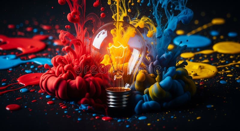 Illuminated Lightbulb Surrounded by Vibrant Red Yellow and Blue Paint ...