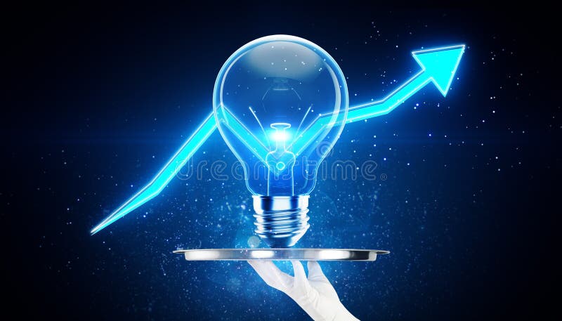 Illuminated Lightbulb with Upward Arrow on a Tray Against a Dark Blue ...