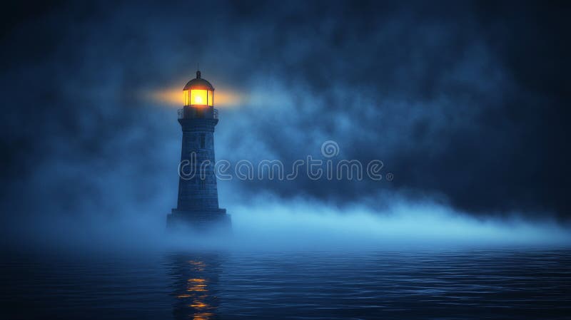 Illuminated Lighthouse in Foggy Night with Glowing Light and Reflection ...