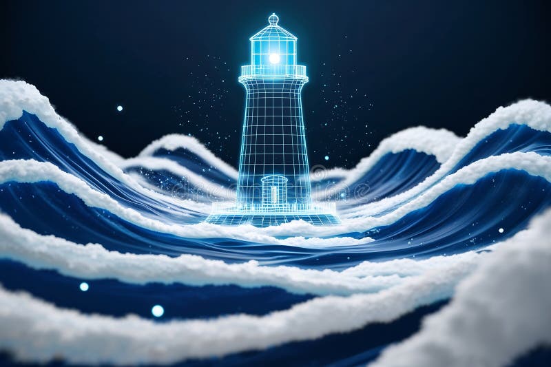 Illuminated Lighthouse Guiding Ships through Digital Waves at Night ...