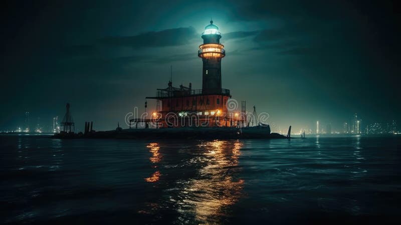 Illuminated Lighthouse in the Middle of the Sea with Cityscape ...