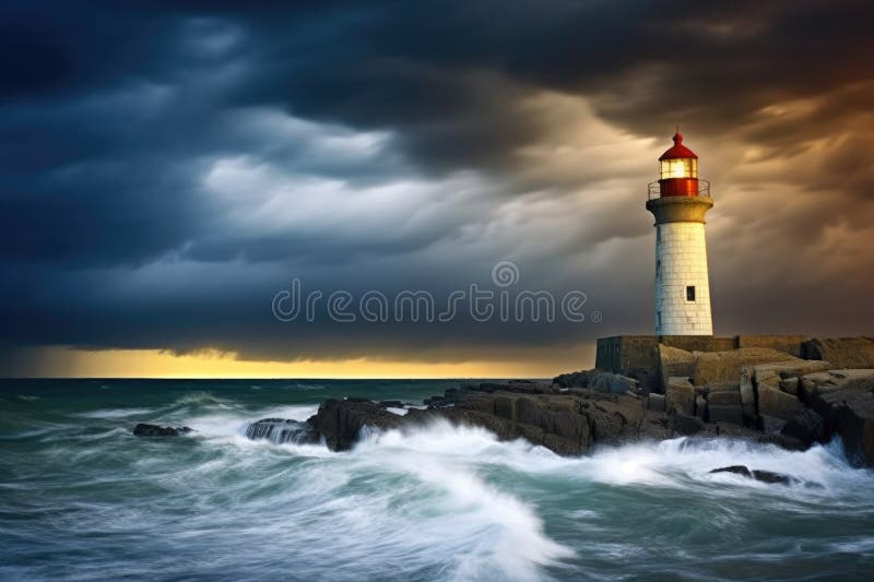Illuminated Lighthouse during a Stormy Night Stock Photo - Image of ...