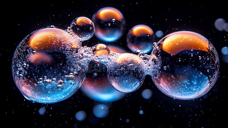 Illuminated Liquid Spheres Coalescing in Dark Space Abstract Background ...