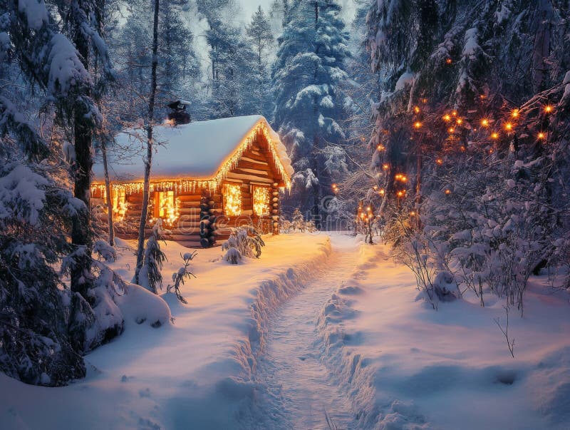 Illuminated Log Cabin in a Snowy Forest Stock Illustration ...