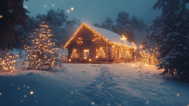 Illuminated Log Cabin in a Snowy Forest at Night Stock Illustration ...