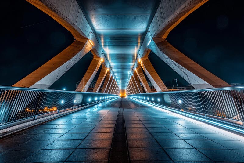 Illuminated Long Bridge Spanning Across River at Night Stock Photo ...