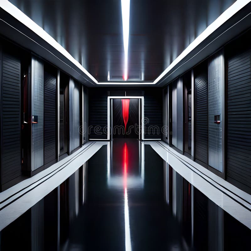 Illuminated Long Corridor in Modern Office Building, Light Exit Stock ...