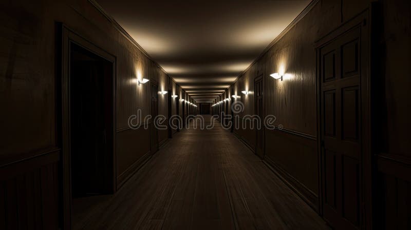 Illuminated Long Dark Hallway Stock Illustration - Illustration of ...