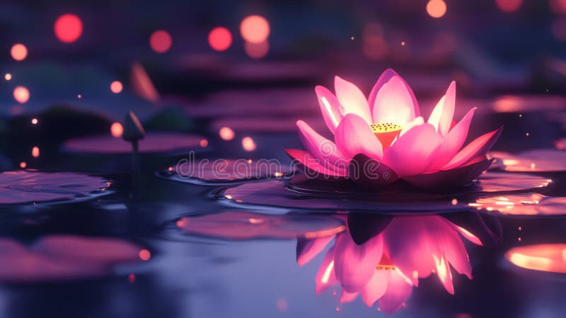 Illuminated Lotus Flower Blooming in Night Water Stock Illustration ...
