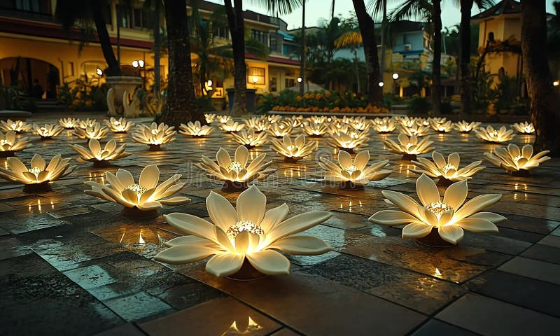 Illuminated Lotus Flower Display in a Garden Setting Stock Footage ...