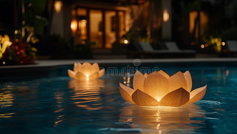 Illuminated Lotus Flower Lanterns Float Serenely on a Tranquil Pool at ...