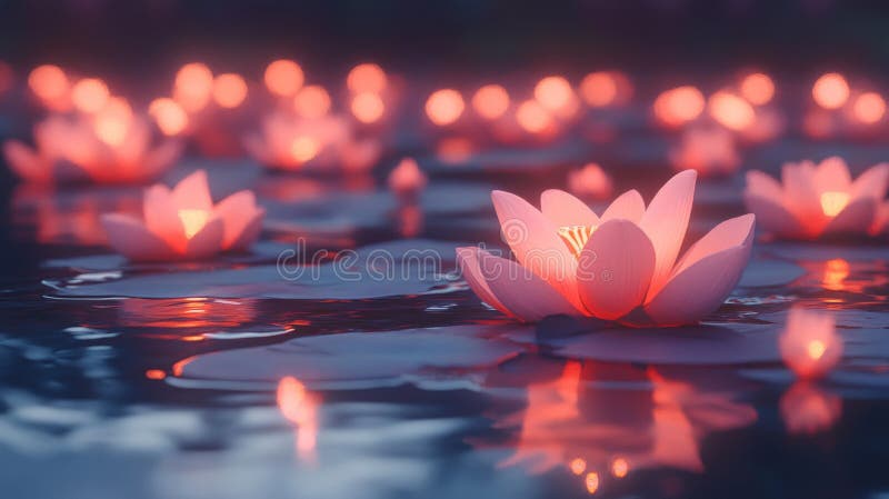 Illuminated Lotus Flowers Floating on Dark Water Stock Illustration - Illustration of water ...