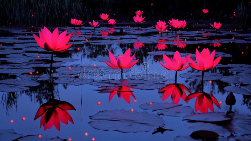 Illuminated Lotus Flowers on a Still Pond Stock Image - Image of ...