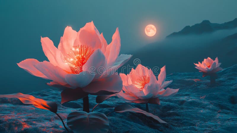 Illuminated Lotus Flowers Under a Full Moon Stock Illustration ...