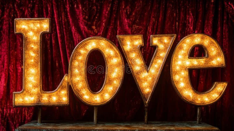 Illuminated Love Sign Against Velvet Drape Stock Illustration ...