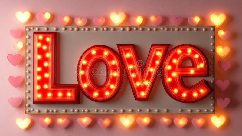 Illuminated Love Sign with Heart Shaped Lights Stock Illustration ...