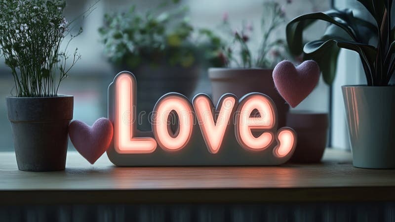 Illuminated Love Sign with Plants and Hearts Stock Illustration ...