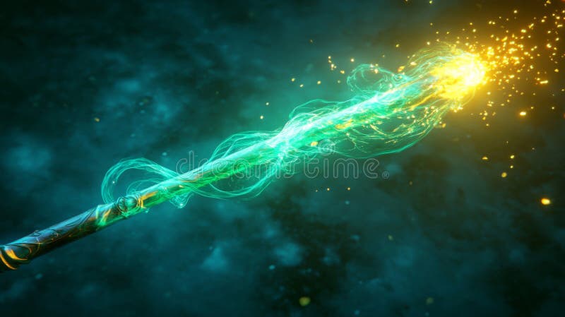 Illuminated Magic Wand with Vibrant Gold and Green Sparks on Dark ...