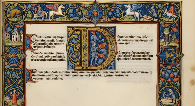 Medieval Illuminated Manuscript Page with Ornate Capital D and Border ...