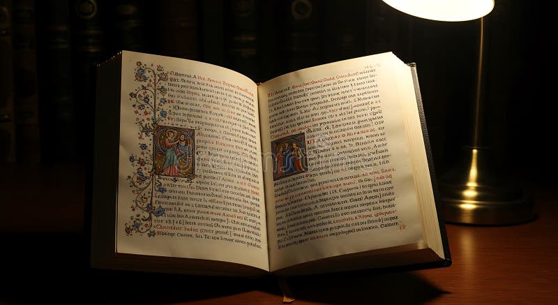 Illuminated Manuscript Open Under Warm Light for Study or Research ...