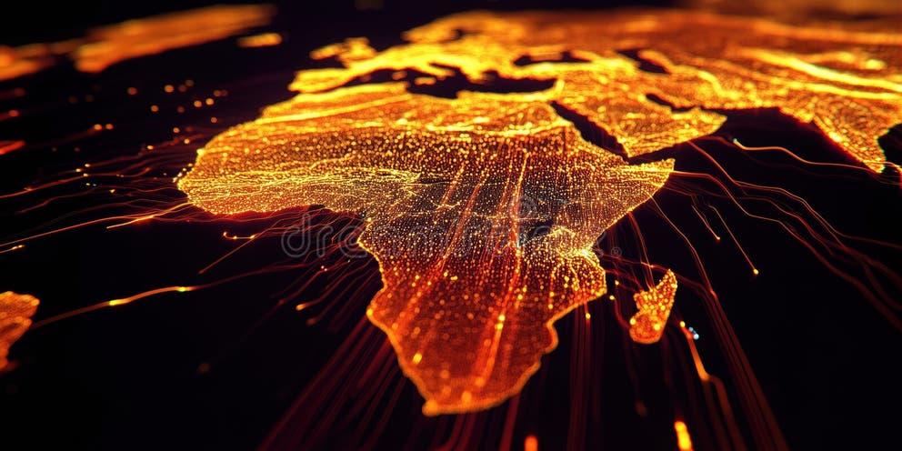 Illuminated Map of Africa with Glowing Data Points and Connections ...