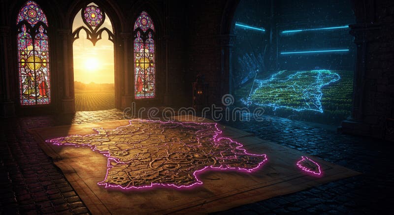 Illuminated Map Displayed in a Historic Room with Stained Glass Windows ...